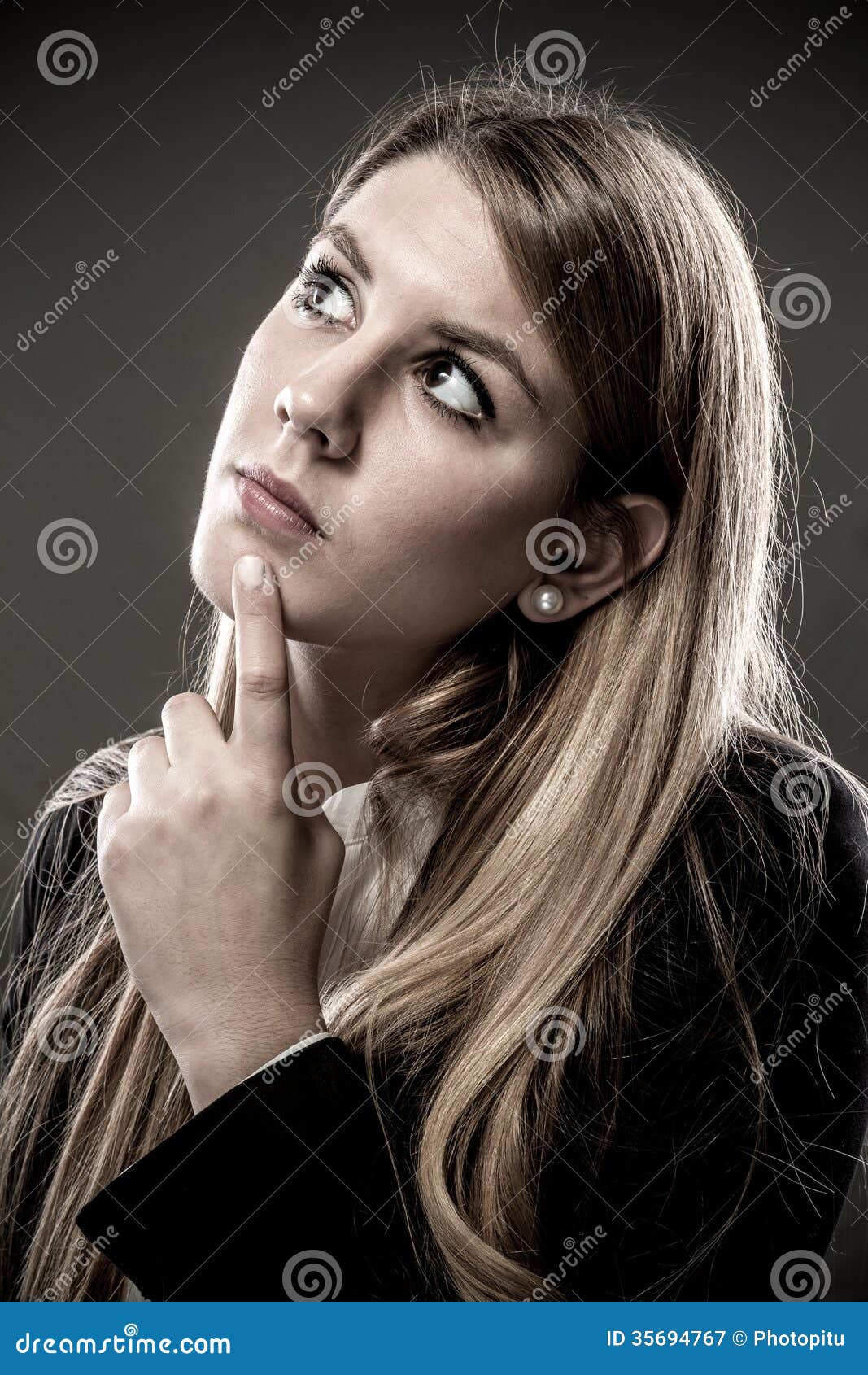 Woman thinking stock image. Image of front, famale, happy - 35694767