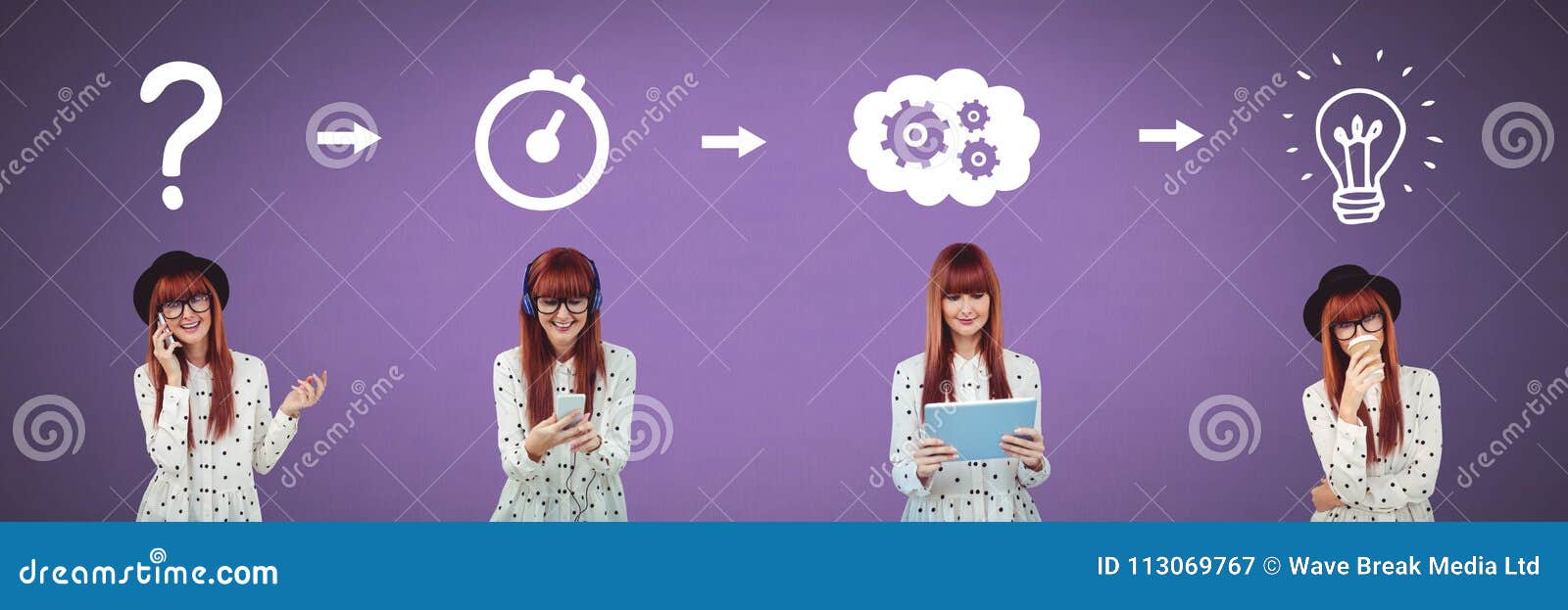 Woman Thinking in Sequence with Ideas and Brainstorm Process Icons ...