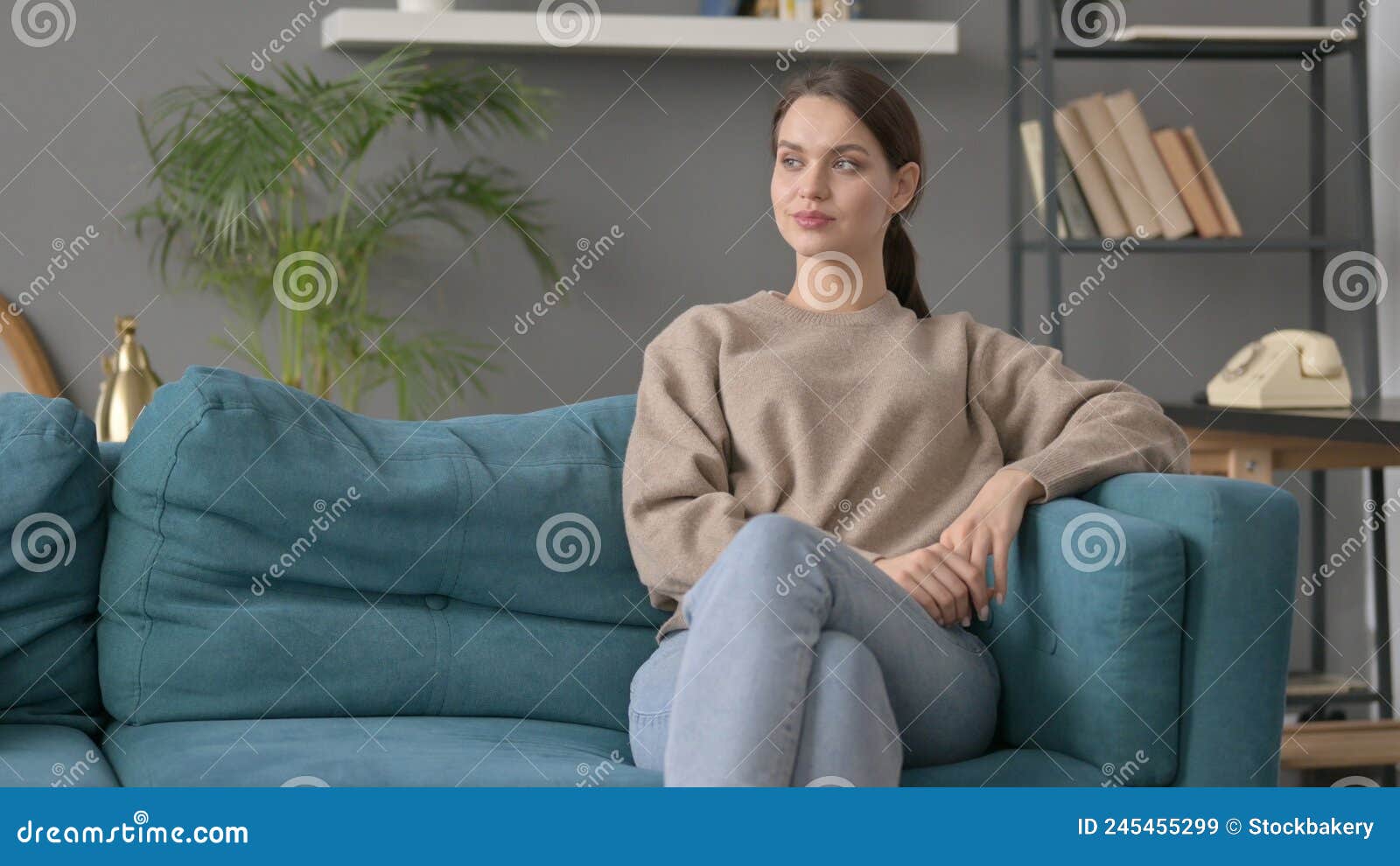 Woman Thinking while Sitting on Sofa Stock Image - Image of trader ...