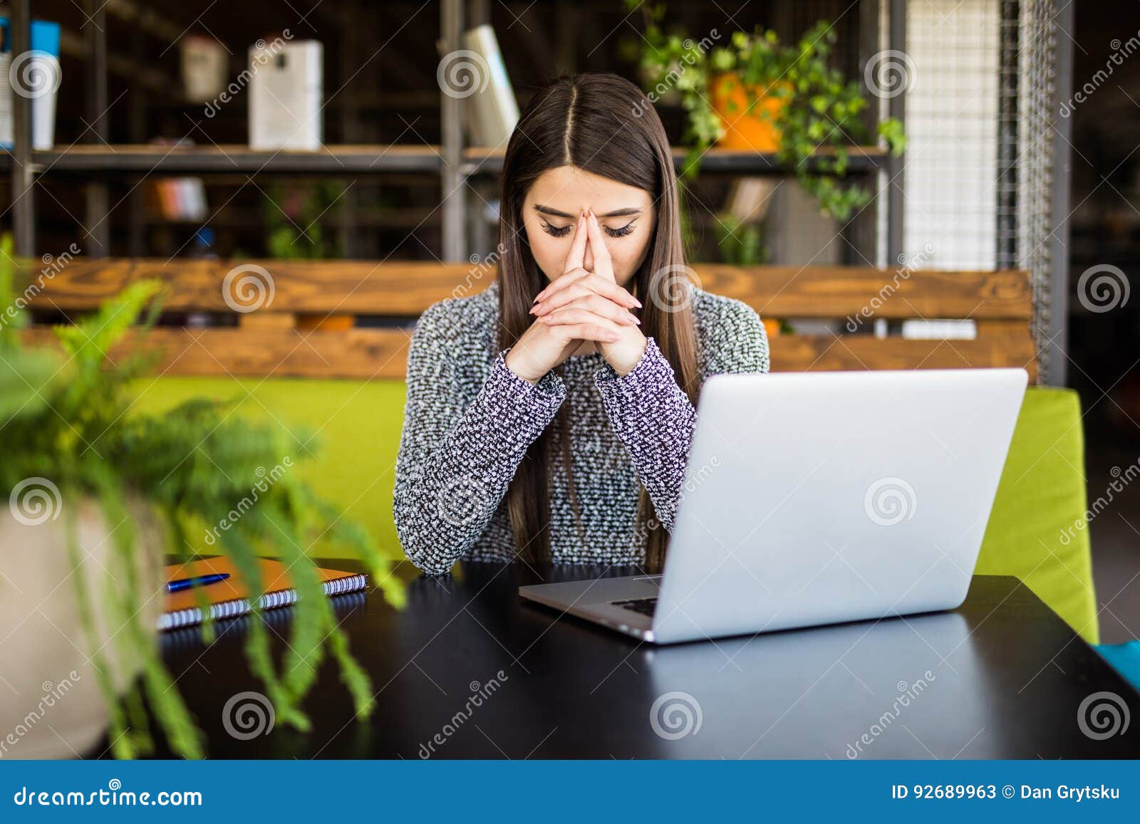 Woman Thinking Working with Laptop and Planning Work in Office Stock ...