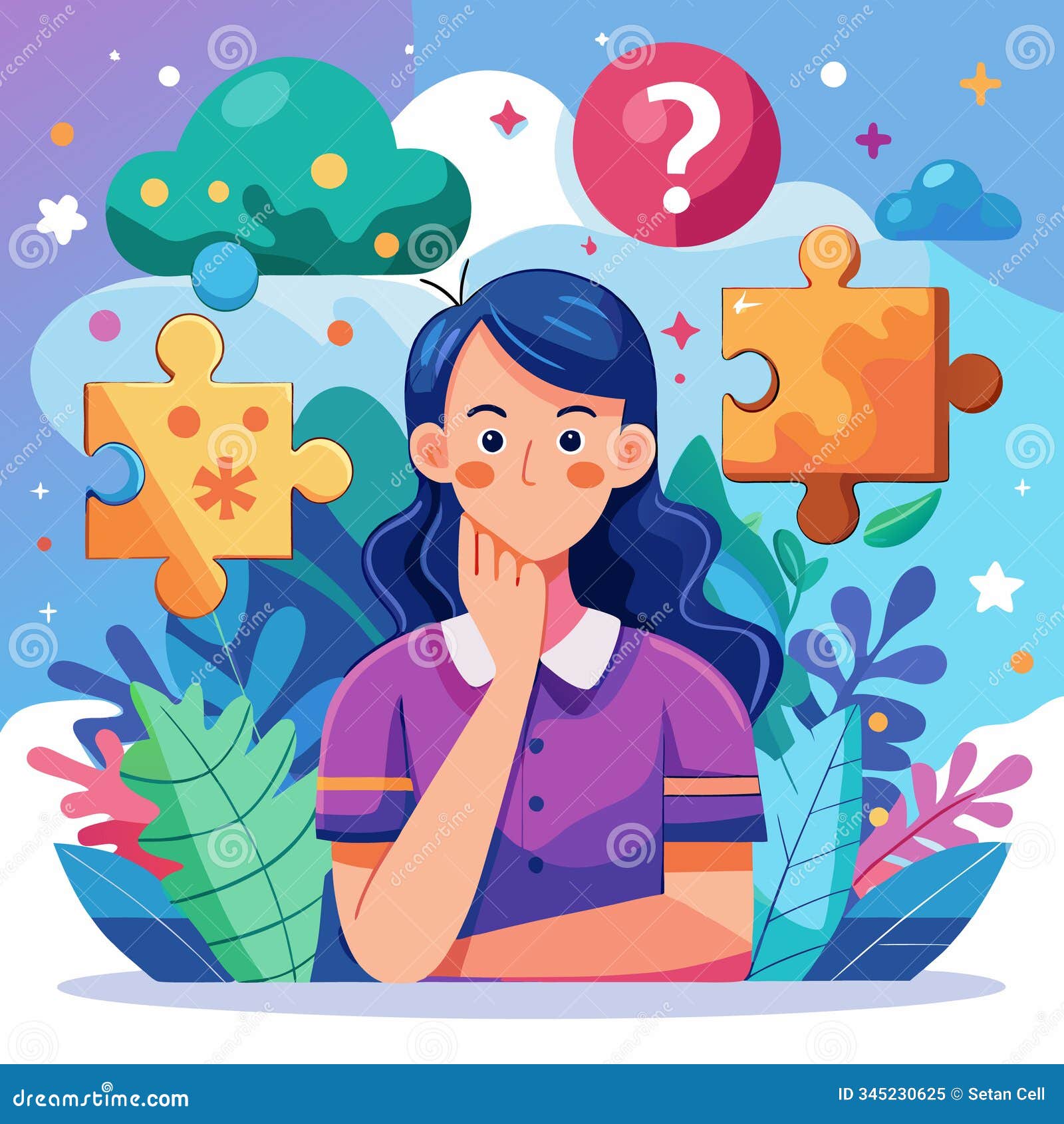 Woman Thinks. Question. Thinking Girl Concept. Girl Solves A Problem ...