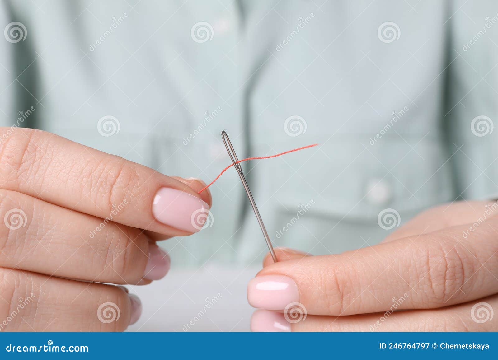 Woman Threading Needle, Closeup View. Sewing Equipment Stock Image ...