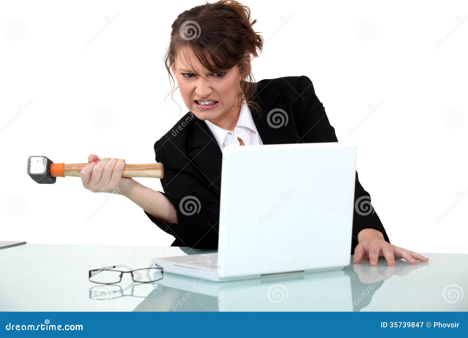 Woman Threatening Computer with Hammer Stock Image - Image of promotion ...