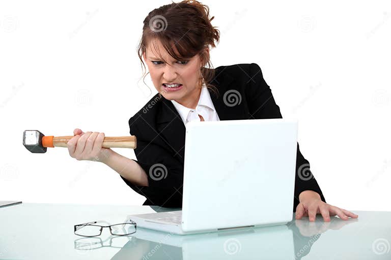 Woman Threatening Computer with Hammer Stock Image - Image of promotion ...