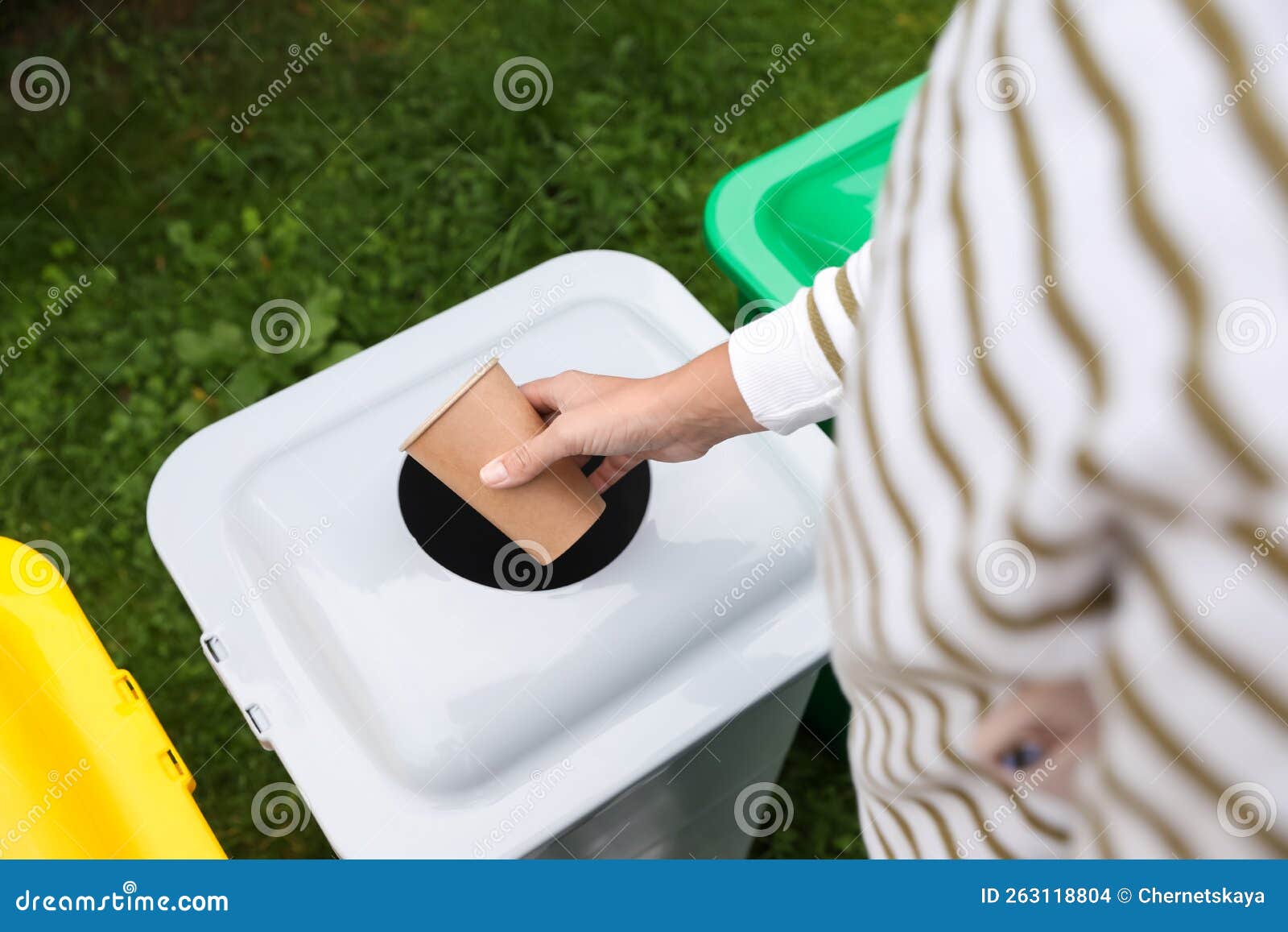 Woman Throwing Coffee Cup into Recycling Bin Outdoors, Closeup Stock ...