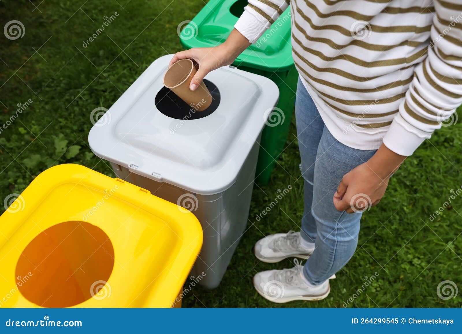 Woman Throwing Coffee Cup into Recycling Bin Outdoors, Closeup Stock ...