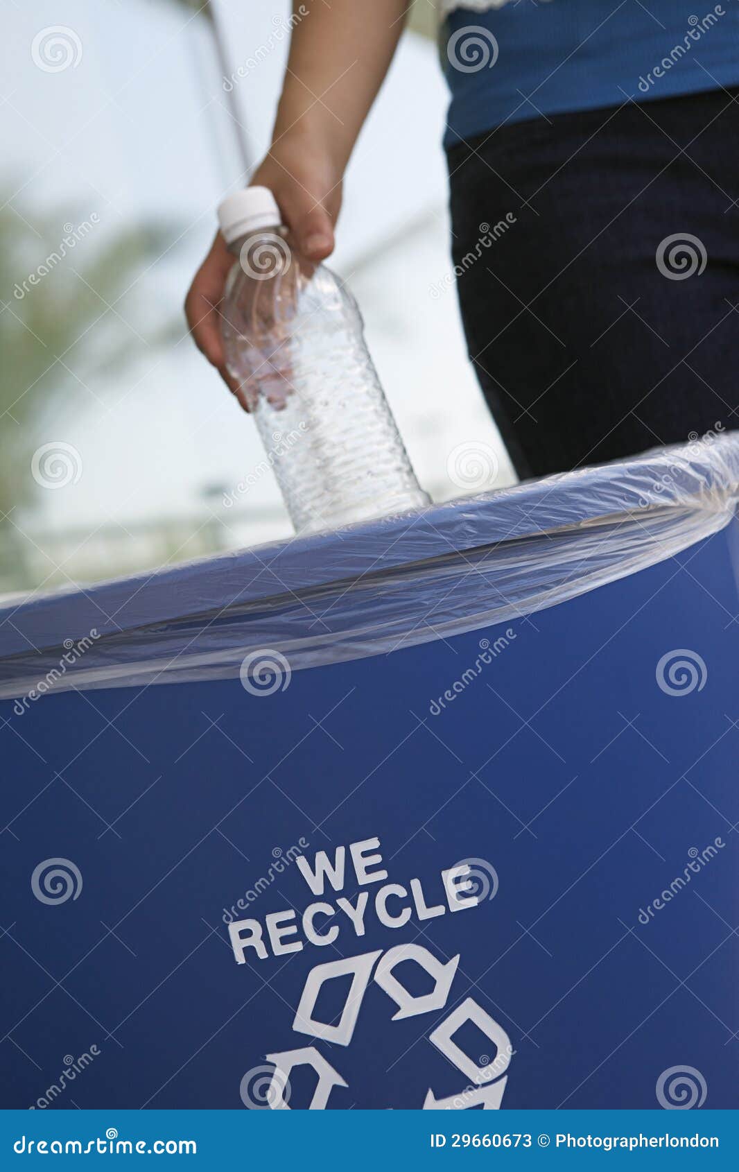 Woman Throwing Plastic Bottle in Dustbin Stock Image - Image of blue ...