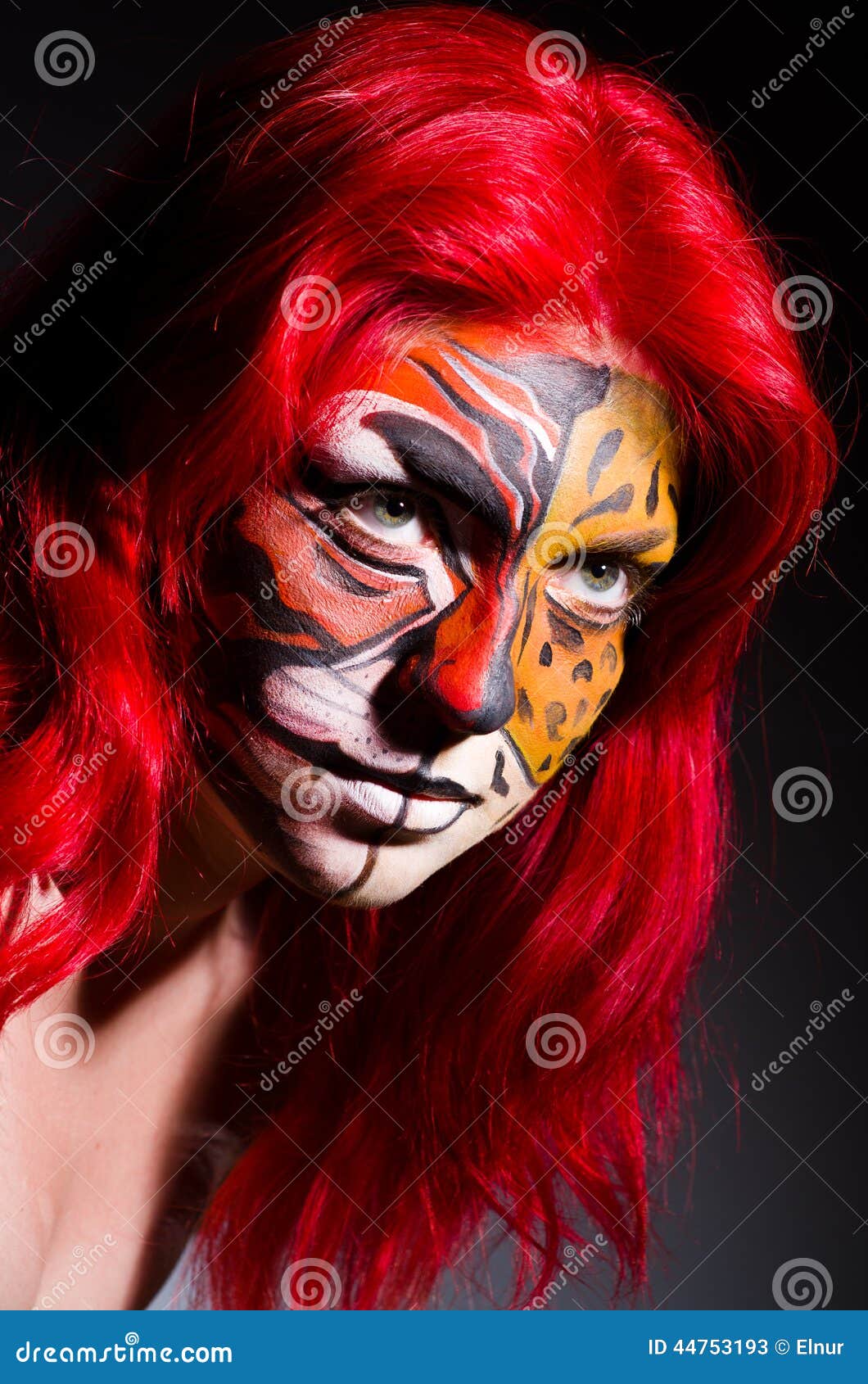 Woman with Tiger Face in Halloween Stock Image - Image of human, black ...