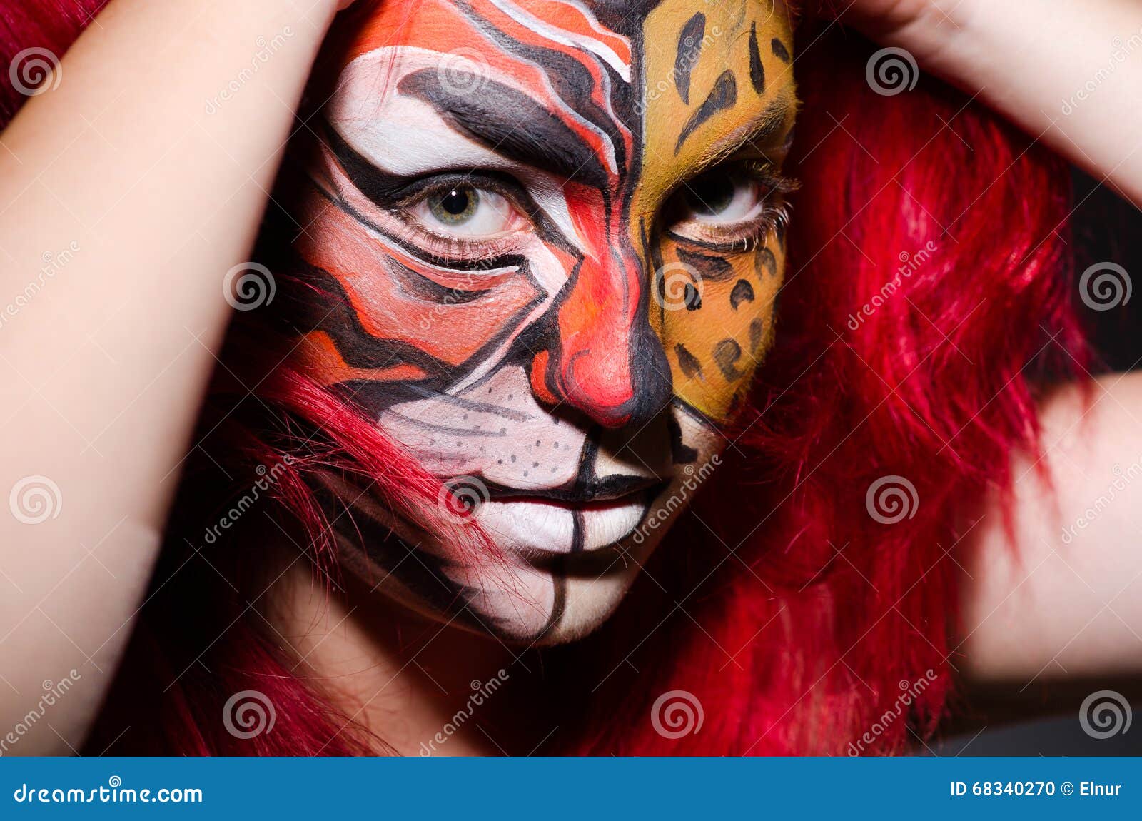 The Woman with Tiger Face in Halloween Concept Stock Photo - Image of ...
