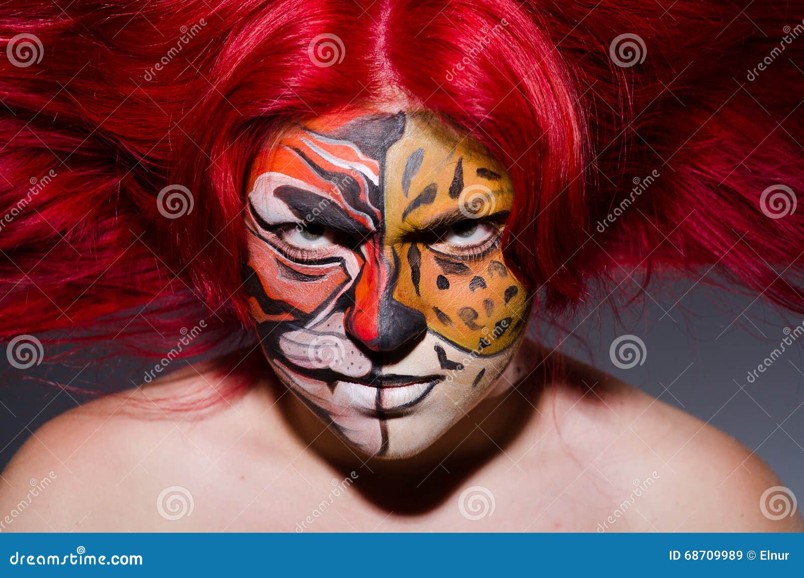 The Woman with Tiger Face in Halloween Concept Stock Image - Image of ...