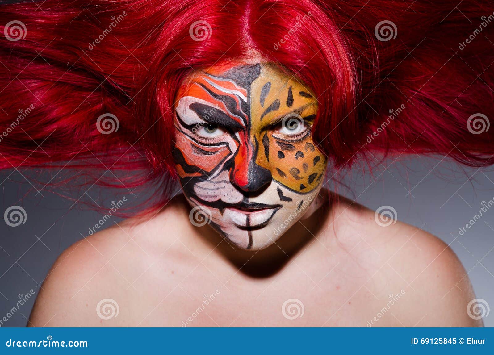 The Woman with Tiger Face in Halloween Concept Stock Image - Image of ...