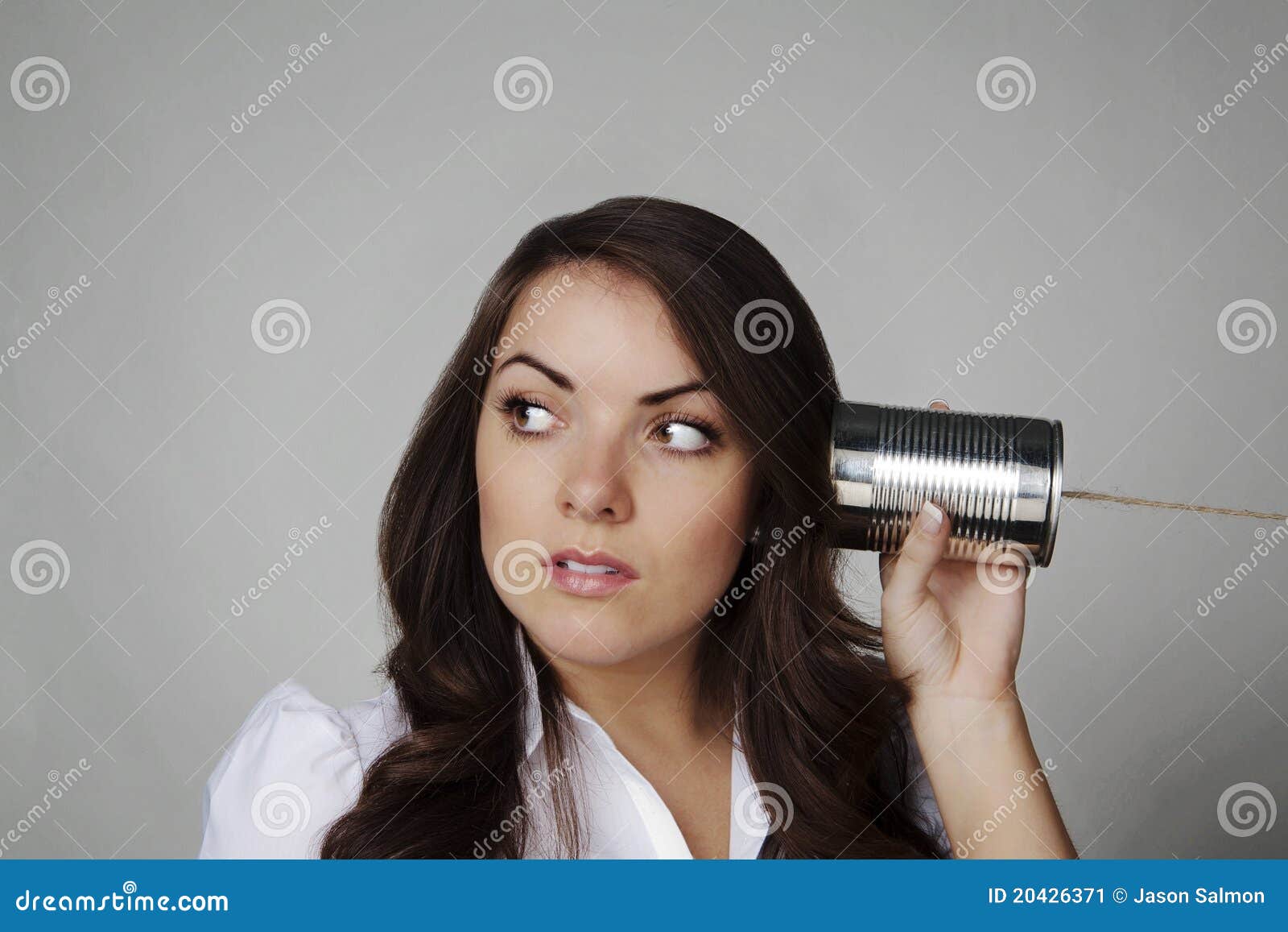 Woman on Tin Can String Phone Stock Image - Image of phone, hand: 20426371