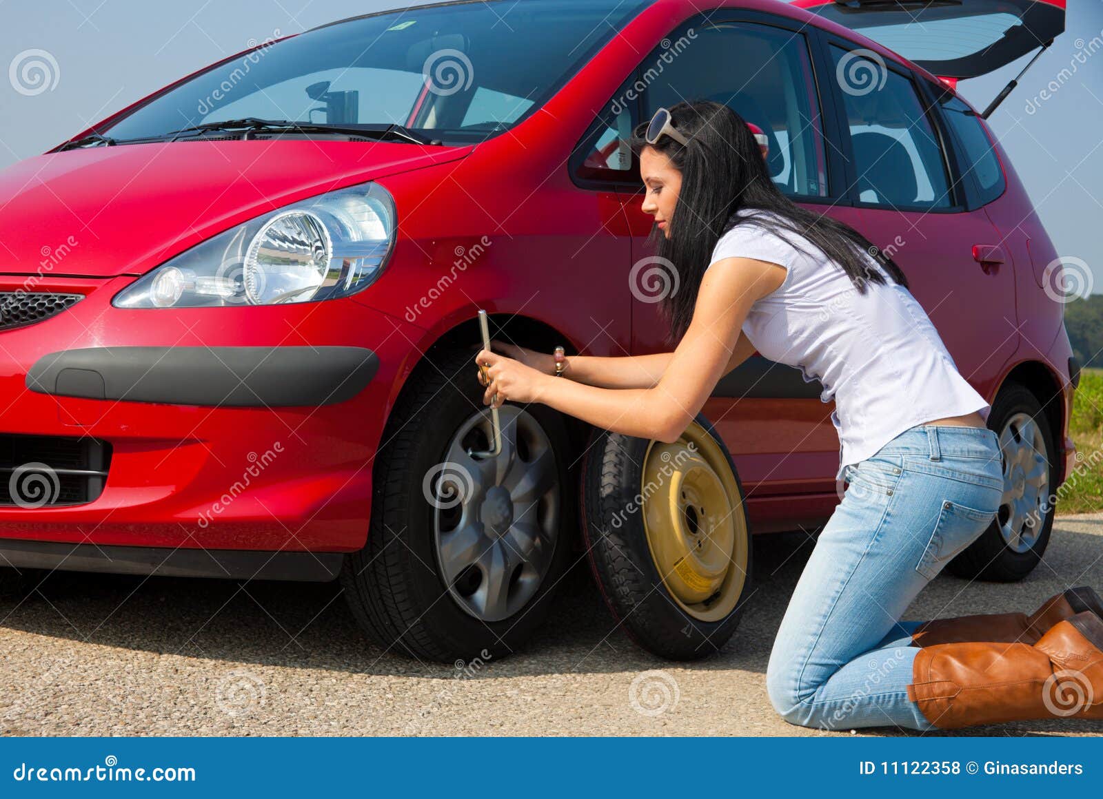 Woman with a Tire Breakdown in Car Stock Photo - Image of street, tire ...