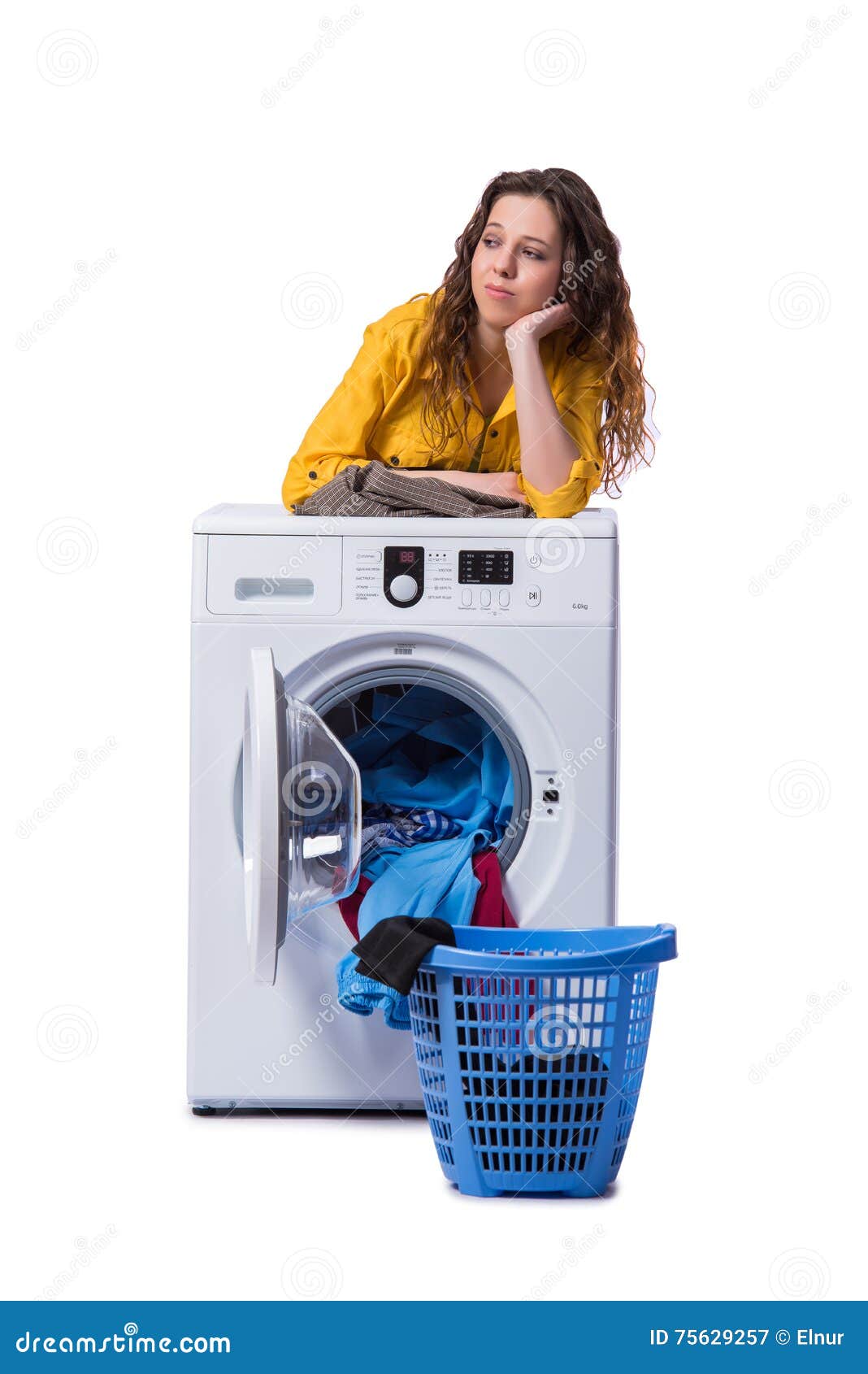 The Woman Tired after Doing Laundry on White Stock Image - Image of ...