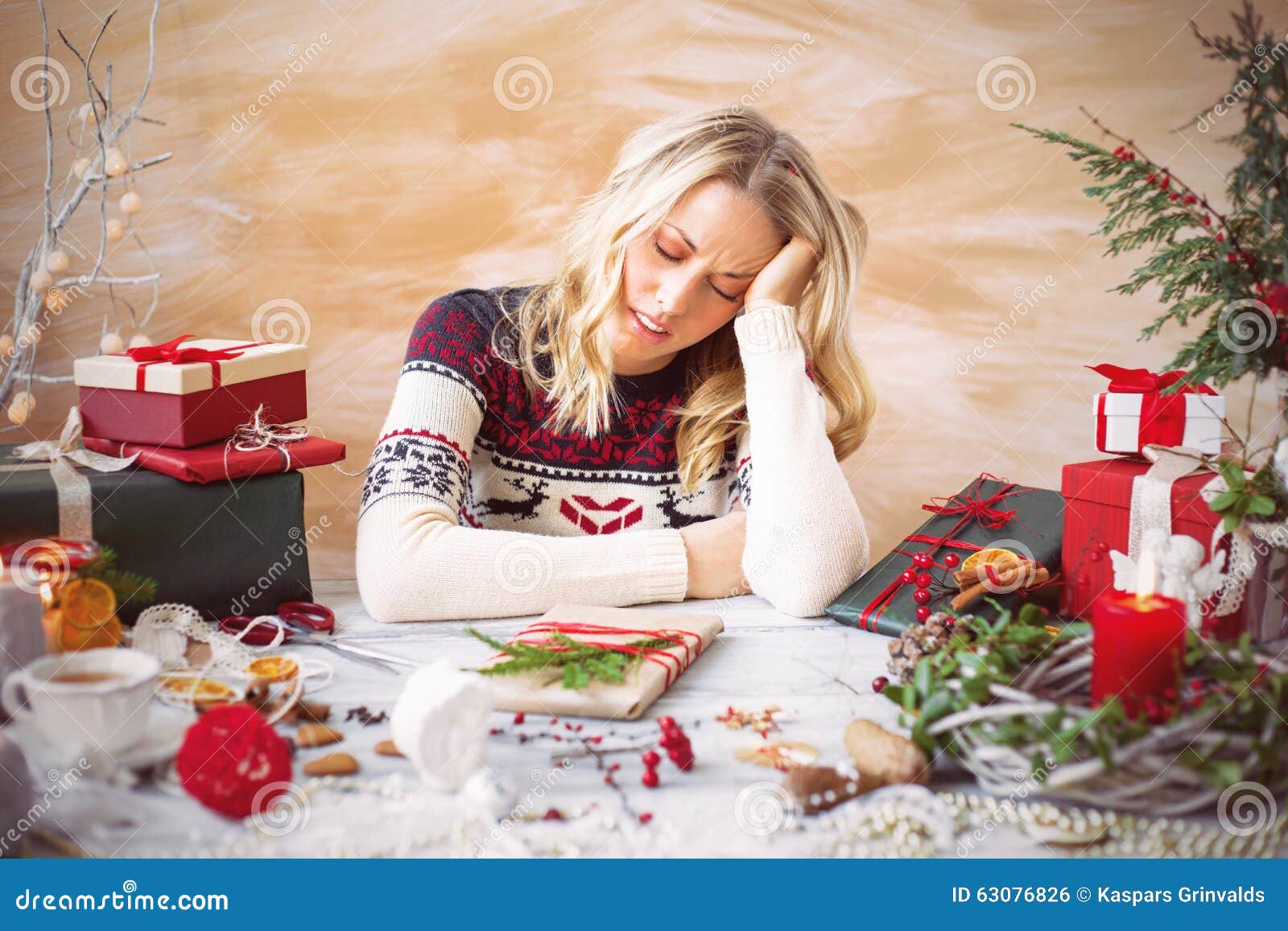 Woman Tired of Gift Wrapping Stock Photo - Image of packing, santa ...