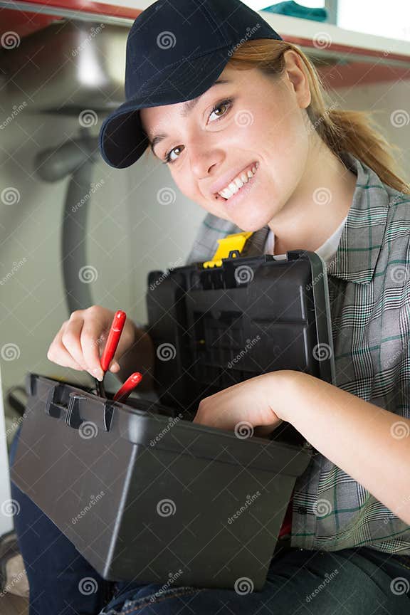 Woman with tool box stock image. Image of girl, latin - 266504827
