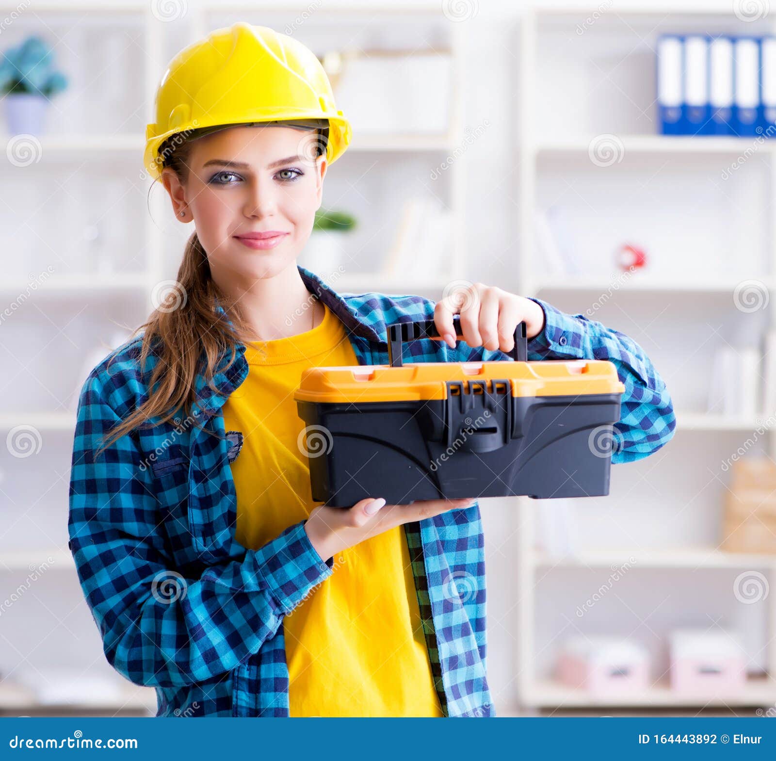 Woman with Toolkit in Workshop Stock Photo - Image of interior ...