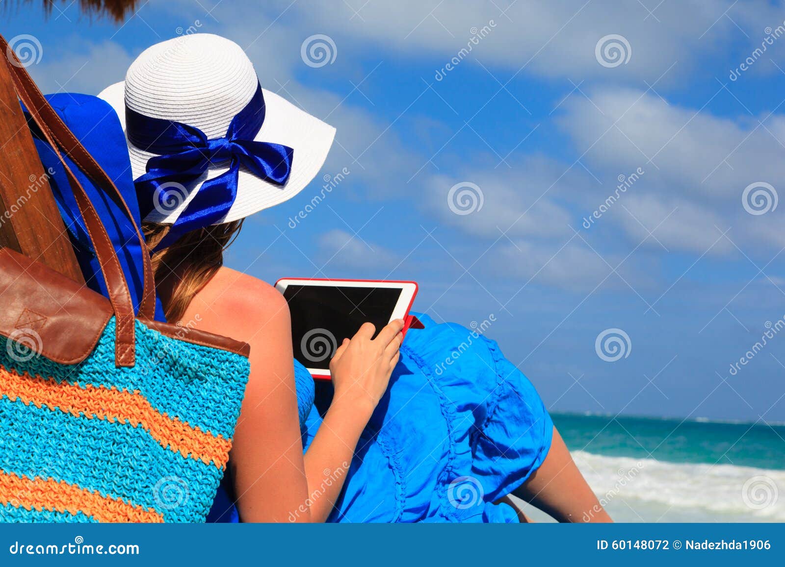 Woman with Touch Pad on Tropical Beach Stock Photo - Image of summer ...