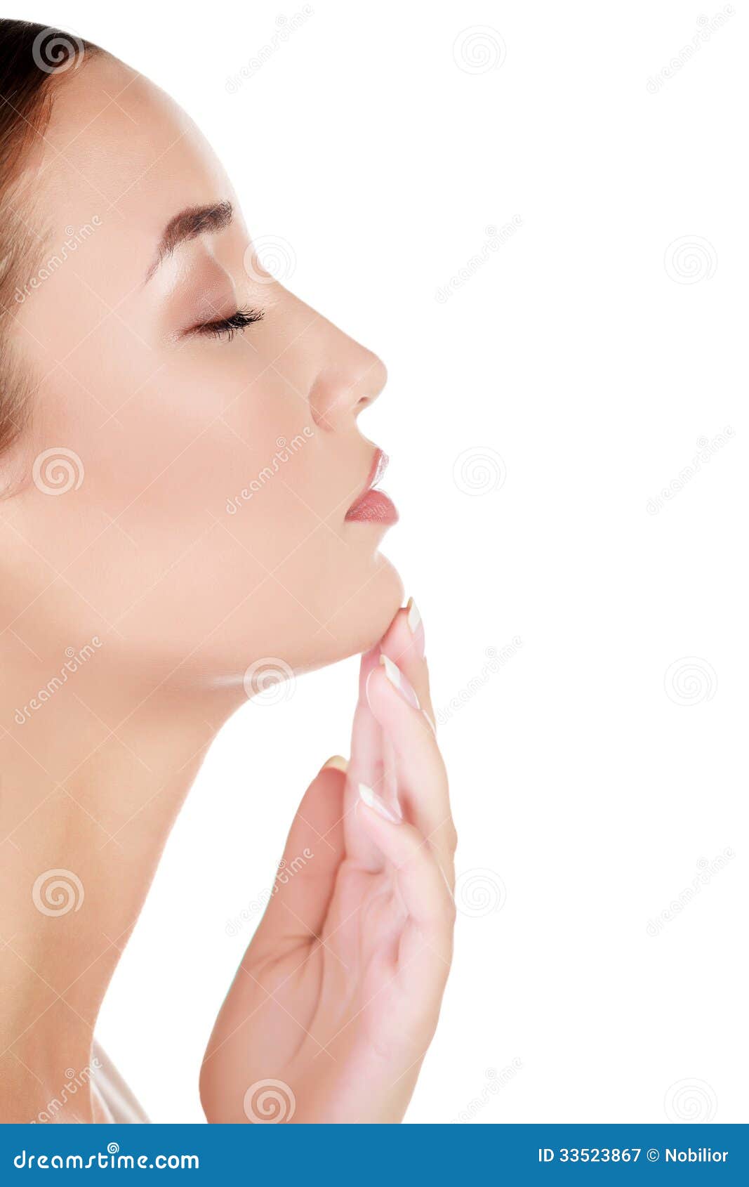 Woman touches her chin stock image. Image of closed, hands - 33523867