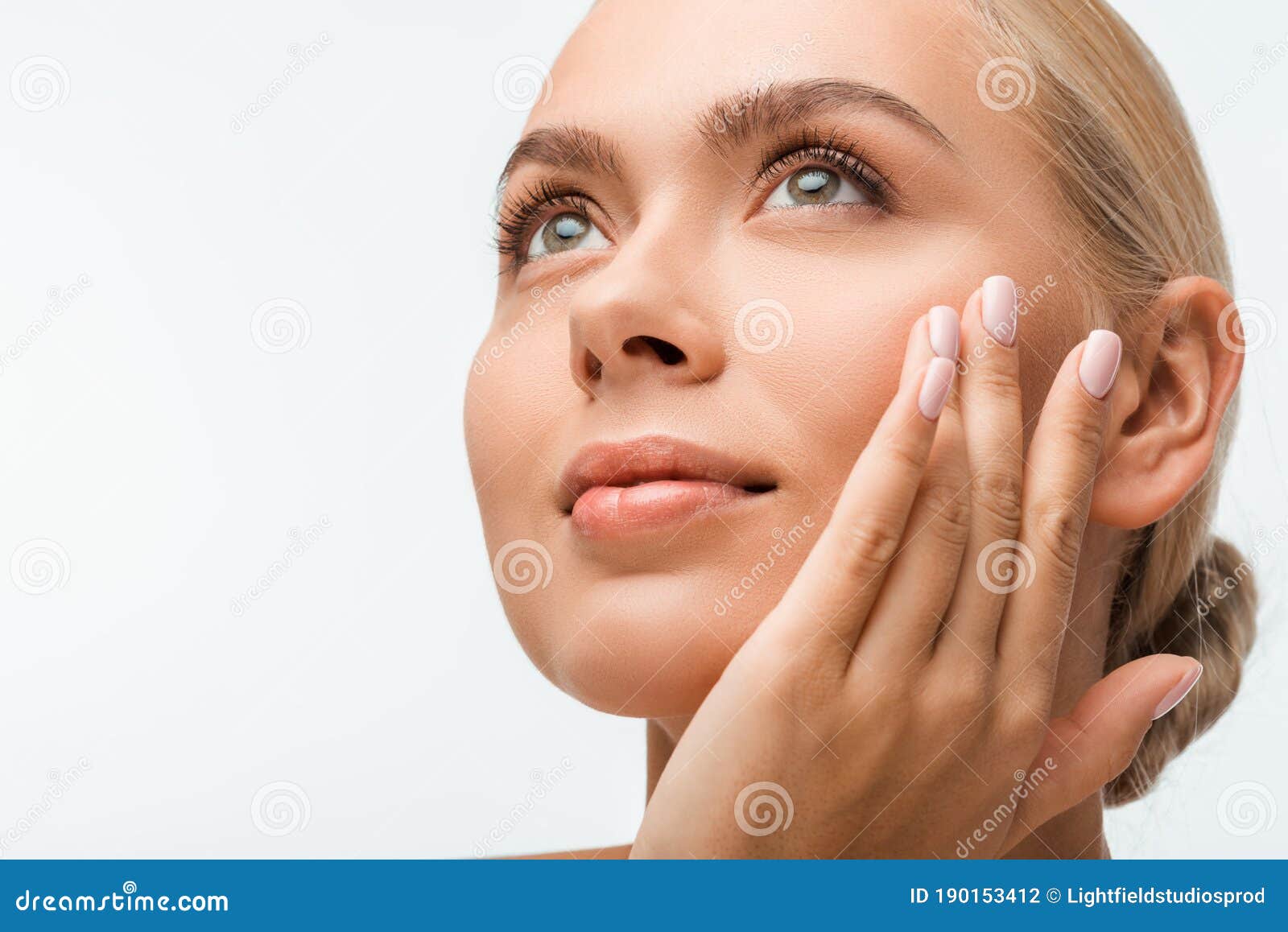 Woman Touching Clean Face Isolated on White Stock Photo - Image of girl ...