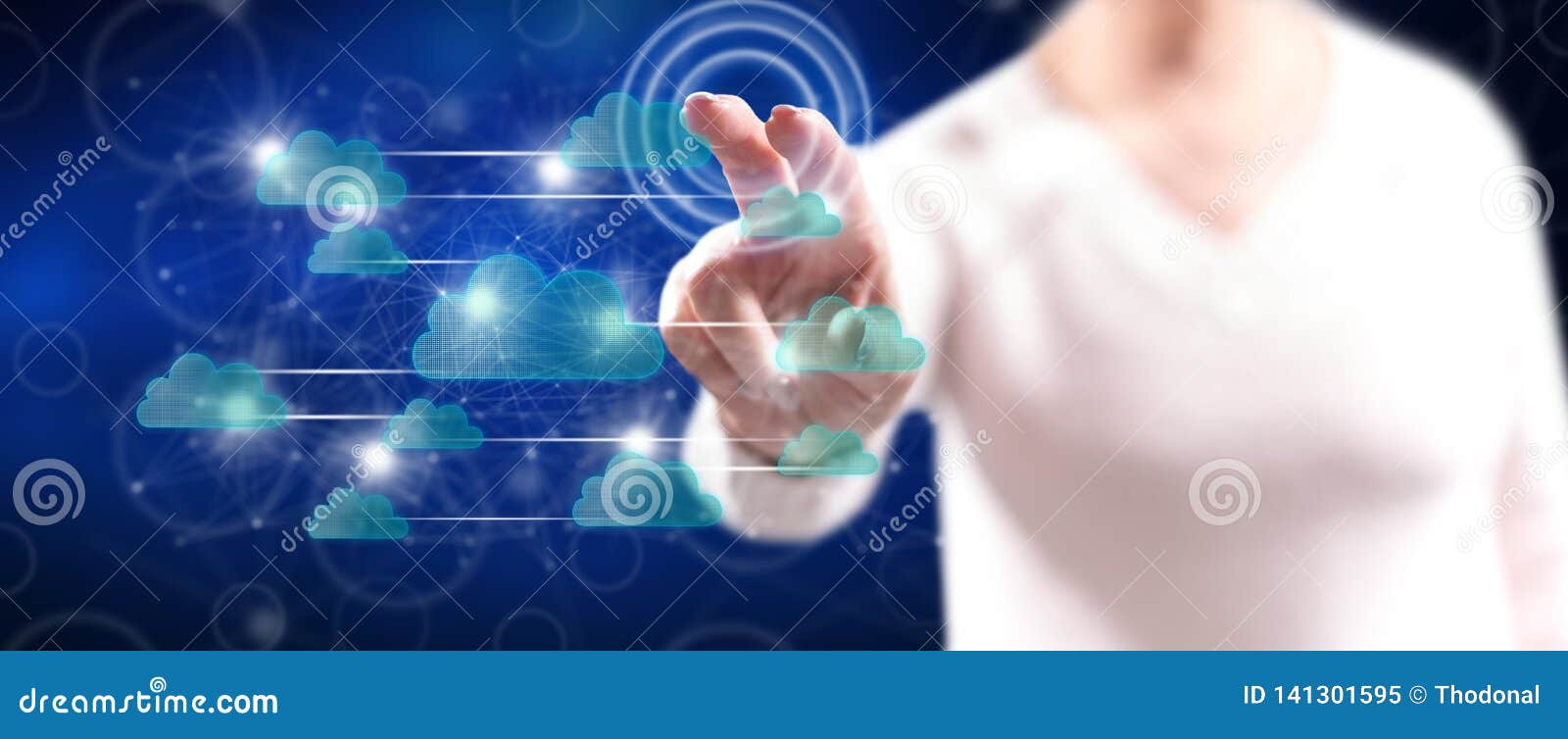 Woman Touching a Cloud Networking Concept Stock Image - Image of upload ...