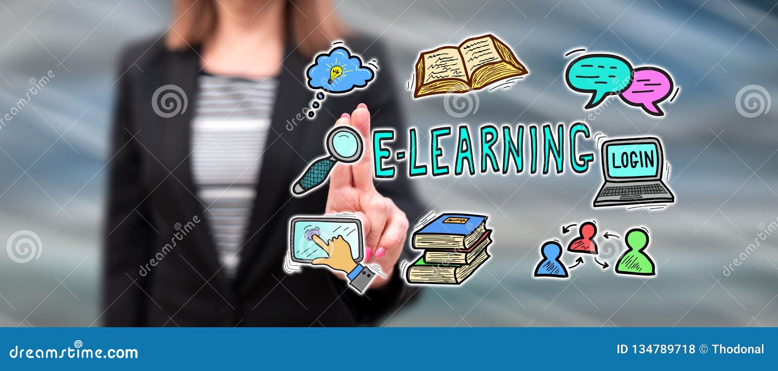 Woman Touching an E-learning Concept Stock Photo - Image of learning ...
