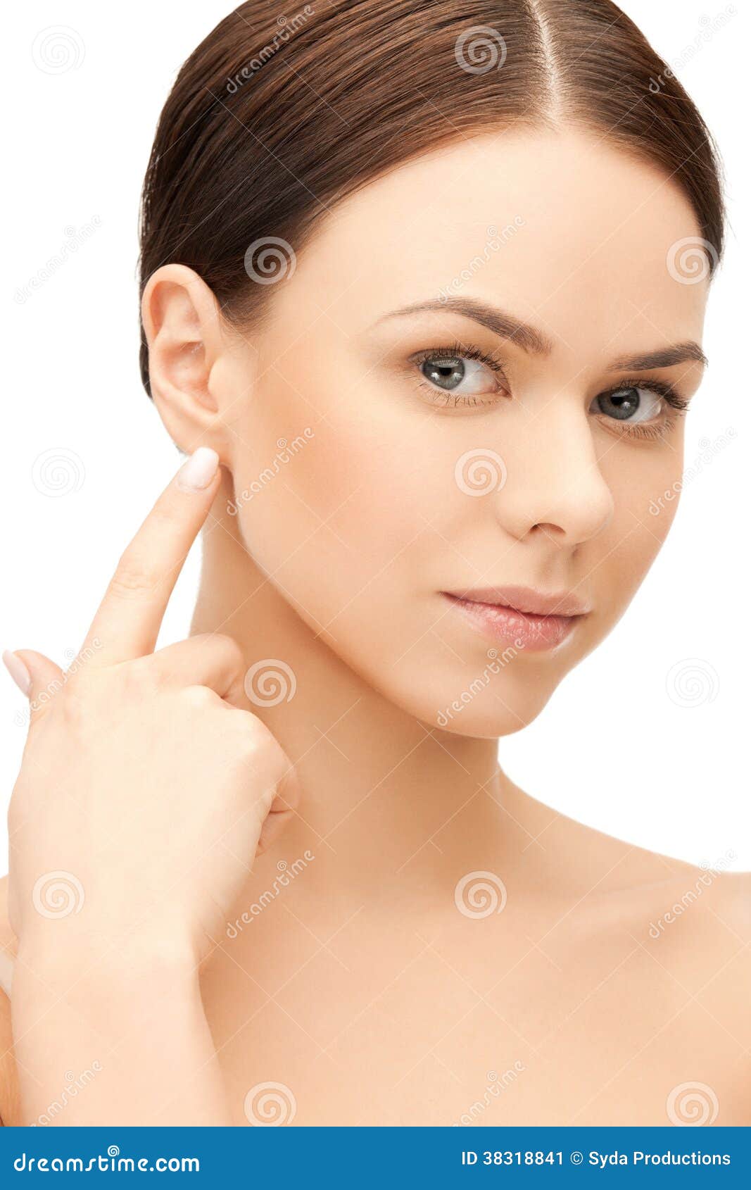 Woman touching her ear stock image. Image of female, brunette - 38318841