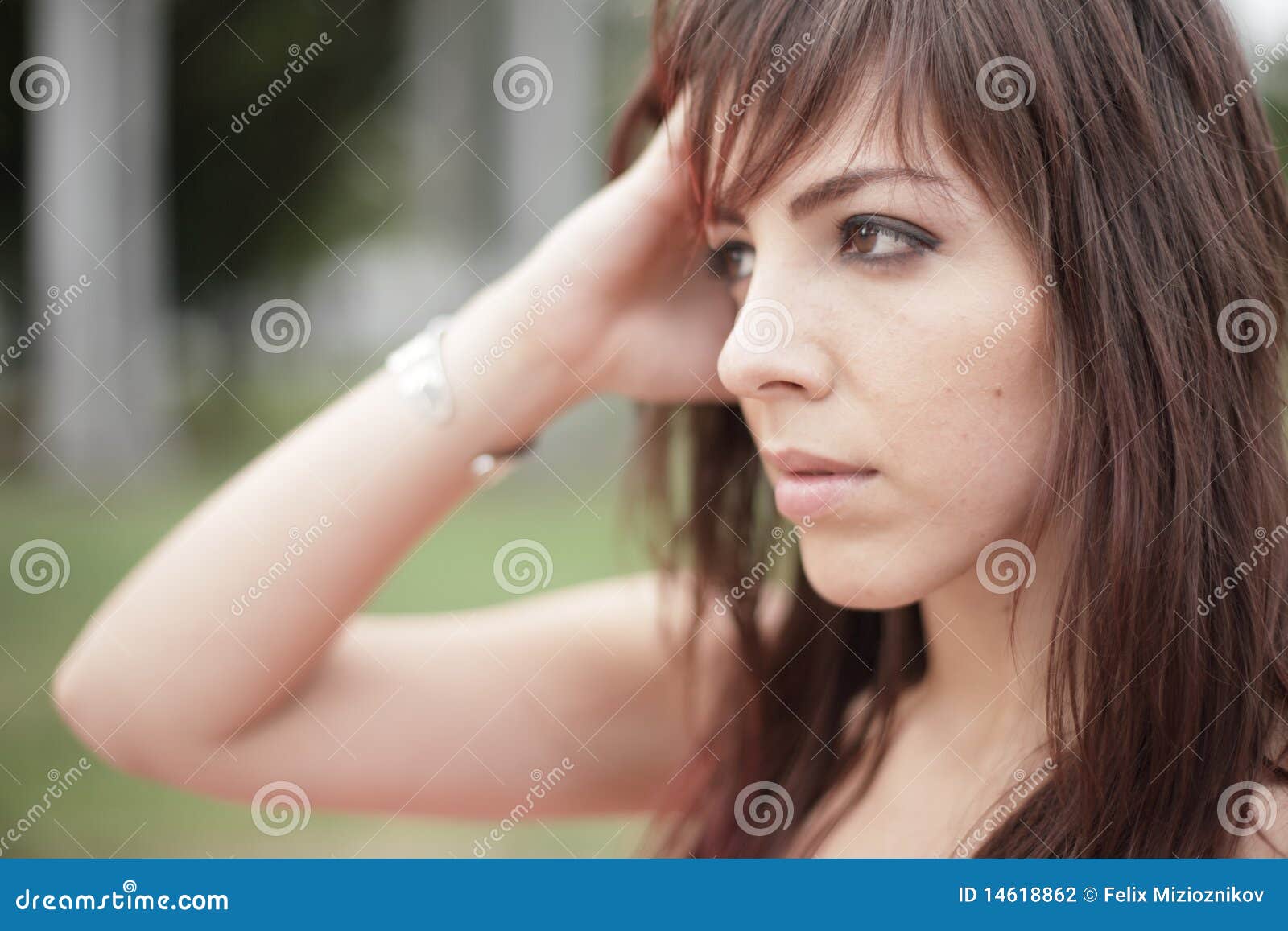 Woman touching her head stock photo. Image of park, stylish - 14618862