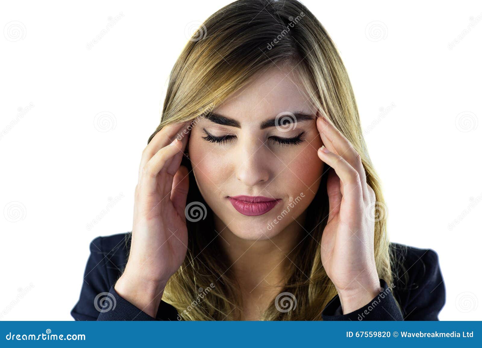 Woman touching her temples stock photo. Image of portrait - 67559820