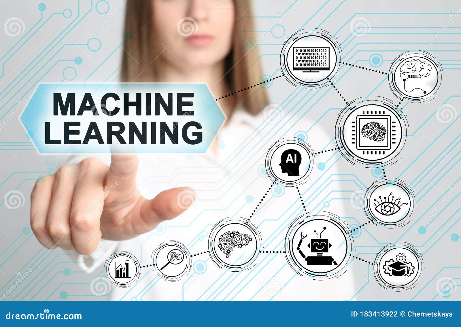 Woman Touching Icon on Virtual Screen. Machine Learning Concept Stock ...