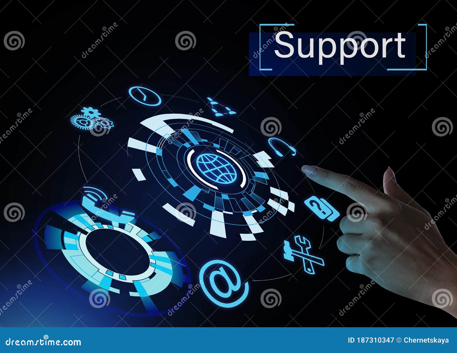Woman Touching Icon on Virtual Screen. Technical Support Service Stock ...