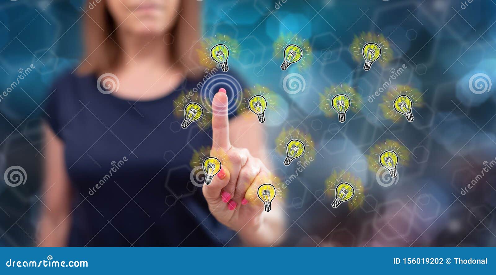 Woman touching light bulbs stock photo. Image of ideas - 156019202