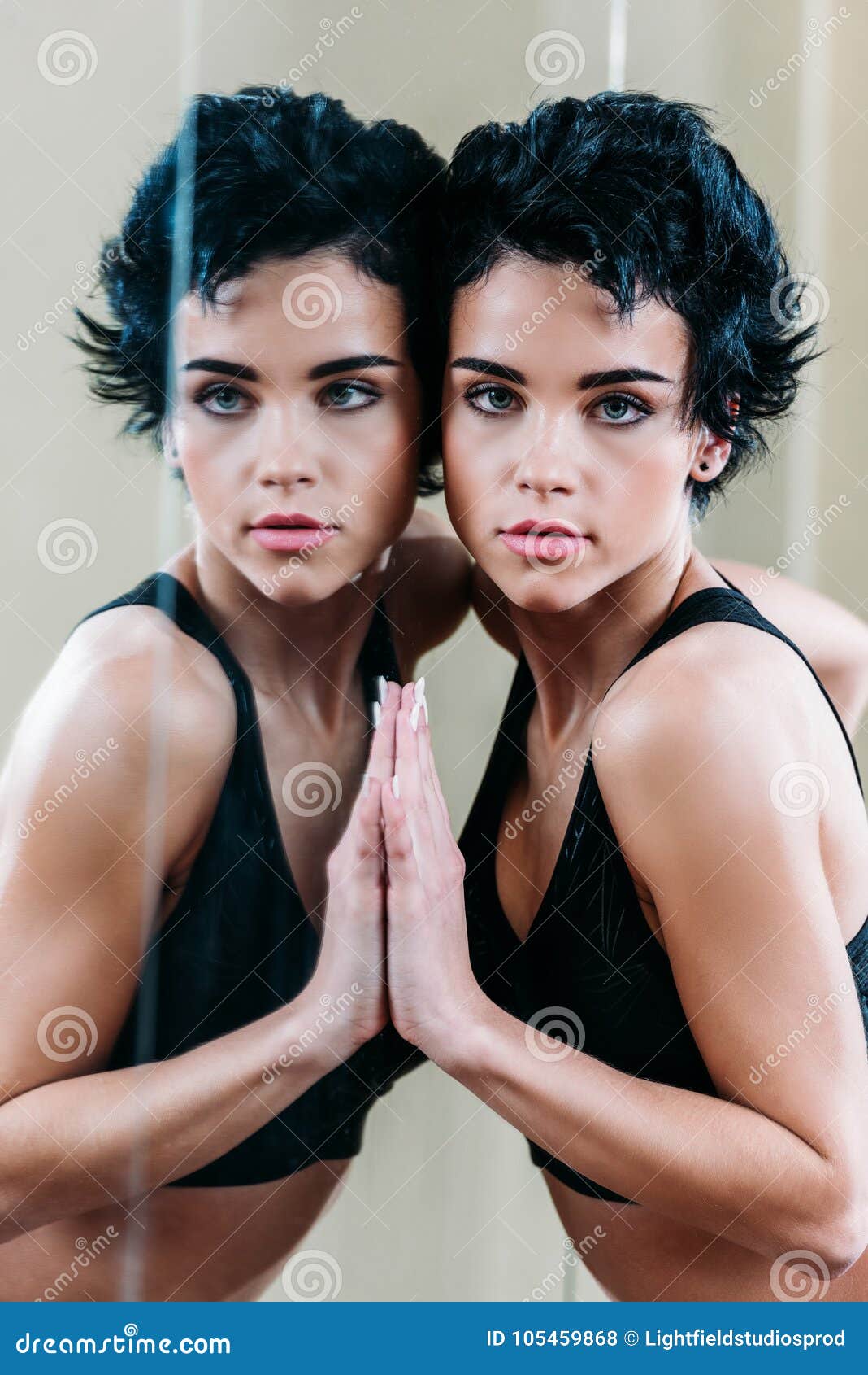 Woman Touching Reflection in Mirror Stock Photo - Image of physical ...