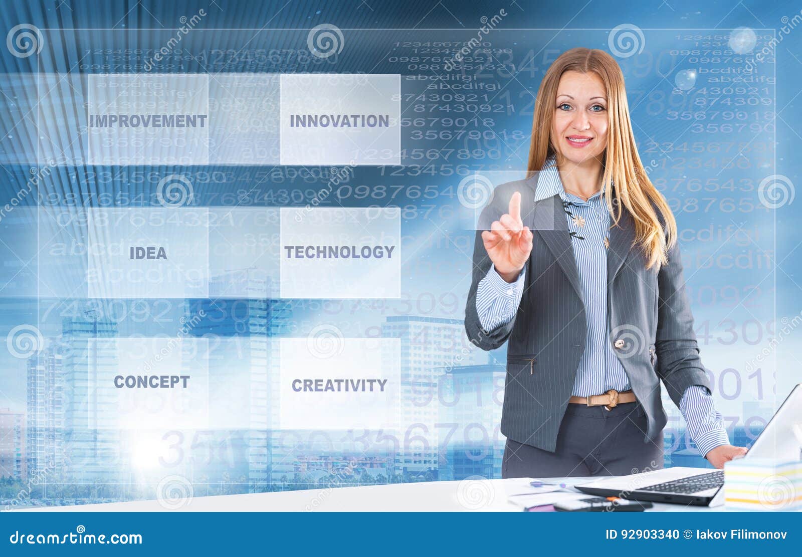 Woman touching screen stock photo. Image of city, megapolis - 92903340