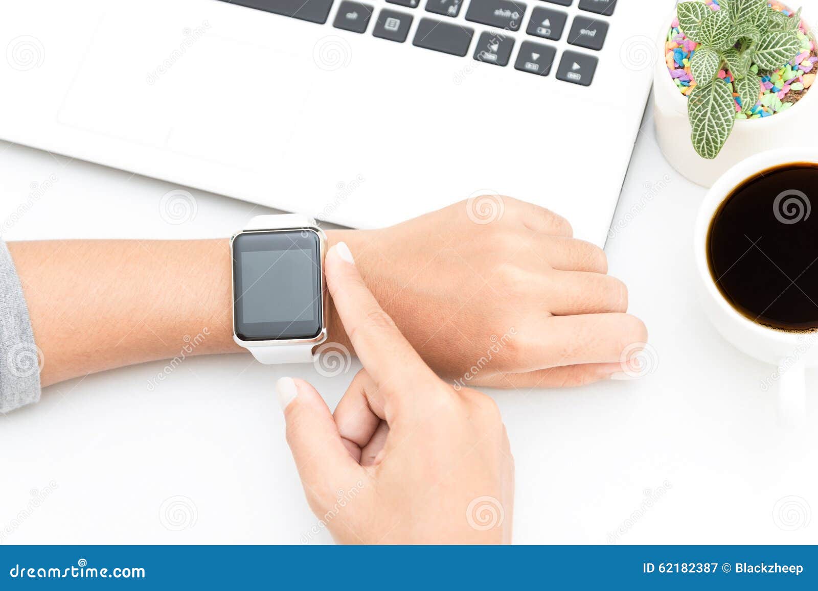 Woman Touching Smart Watch Hand on Work Table Stock Image - Image of ...