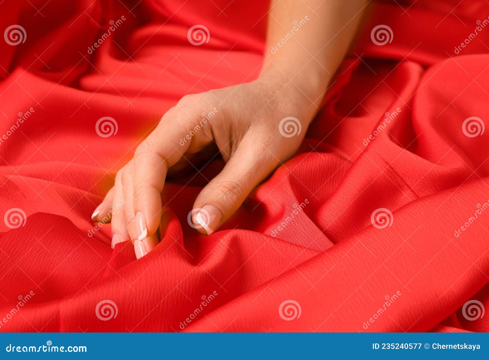 Woman Touching Smooth Red Fabric, Closeup View Stock Image - Image of ...