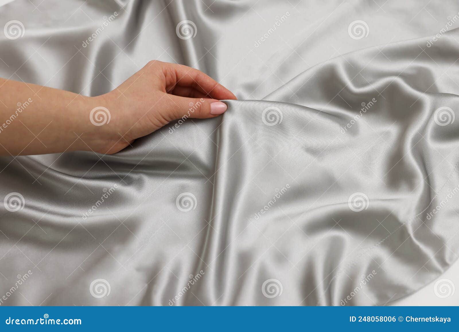 Woman Touching Smooth Silky Fabric, Closeup View Stock Photo - Image of ...