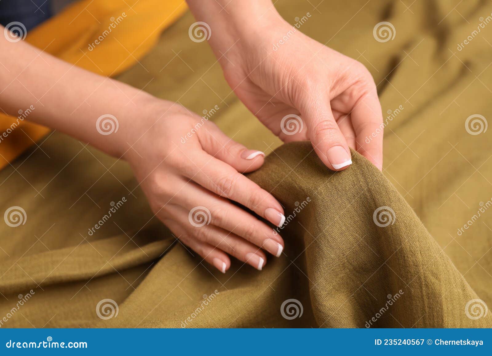 Woman Touching Soft Linen Fabric, Closeup View Stock Image - Image of ...