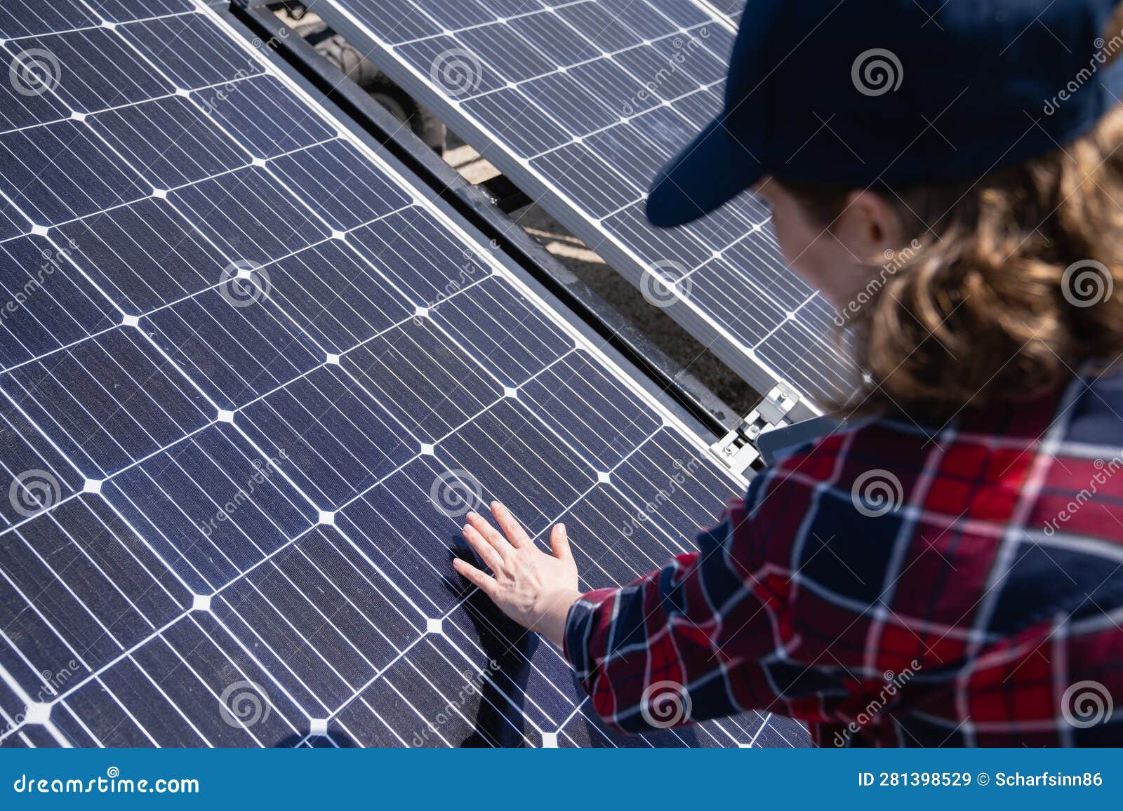 Woman Touching Solar Panel. Stock Image - Image of cell, equipment ...