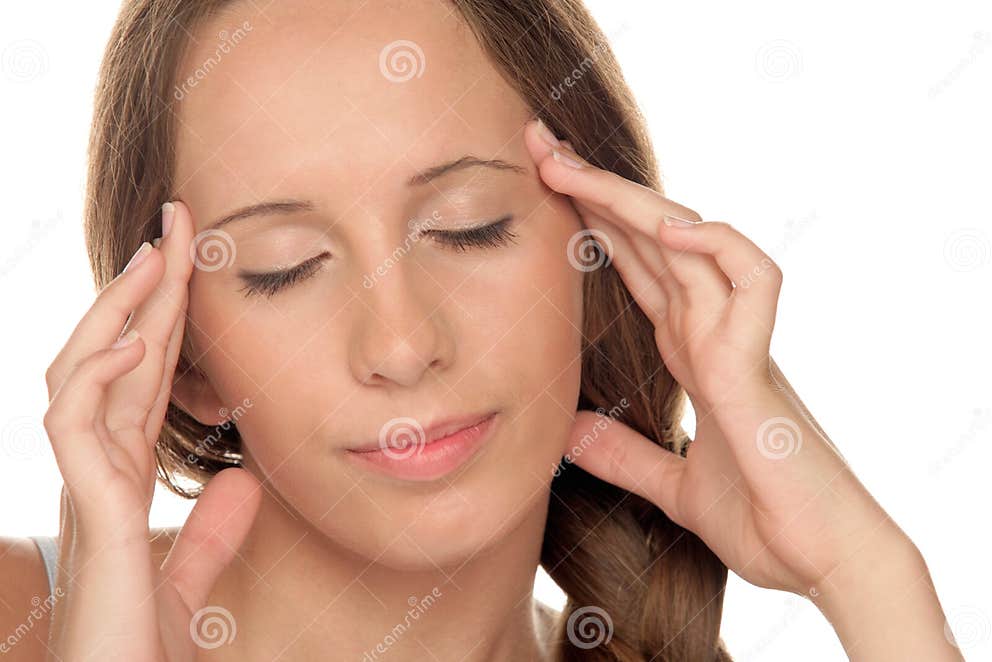 Woman touching temples stock photo. Image of beauty, ache - 14135714