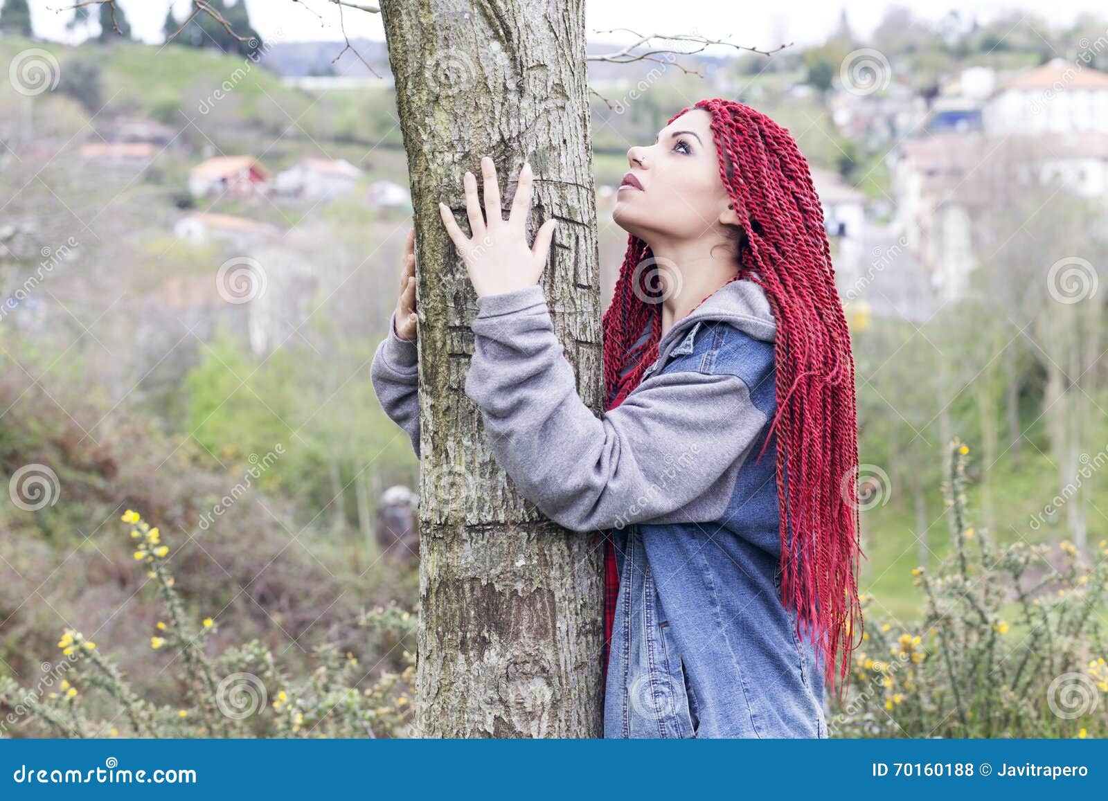 Woman Touching a Tree, Thinking. Stock Photo - Image of tree ...