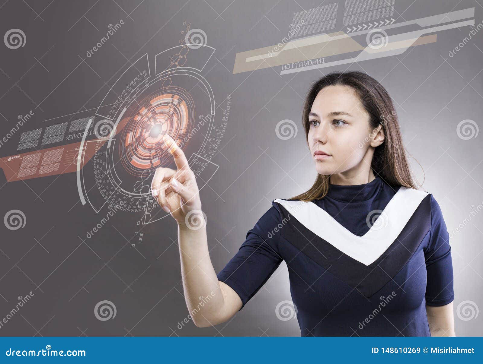 Woman Touching the Virtual Future Interface Stock Image - Image of ...