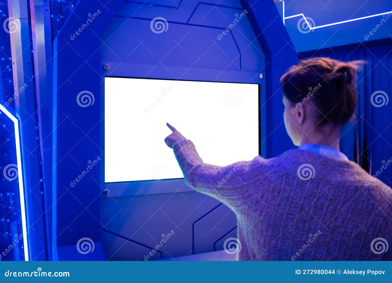 Woman Touching White Blank Display of Electronic Kiosk - Mockup Image ...