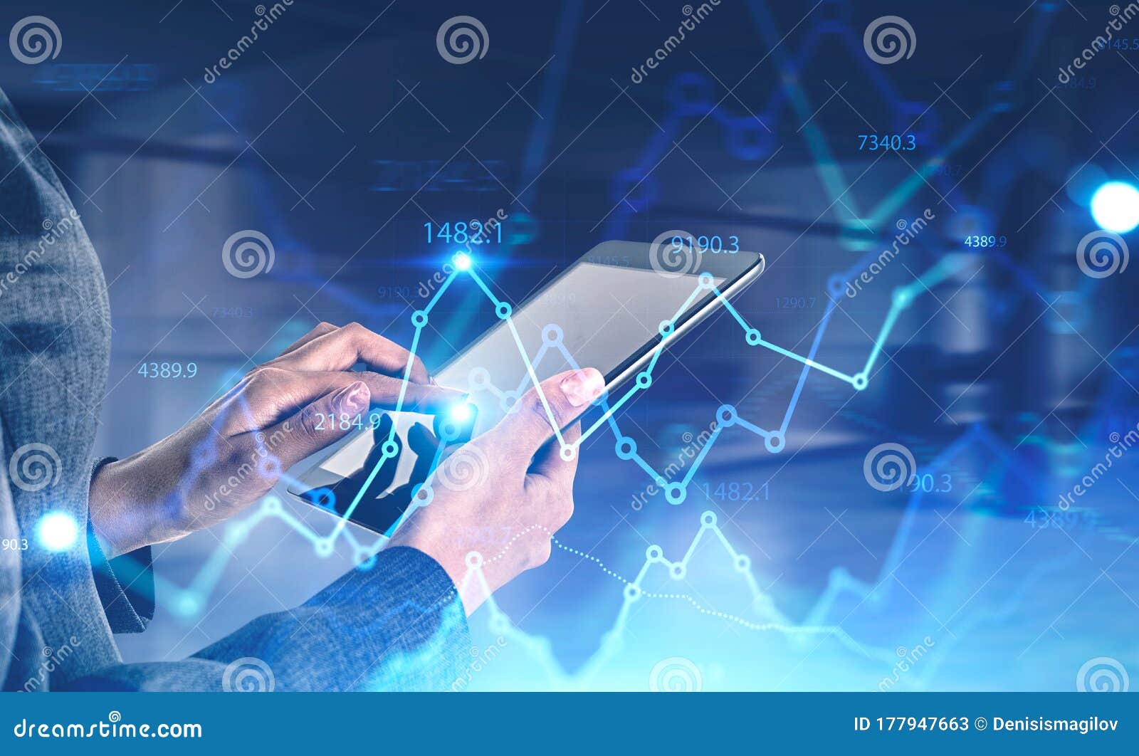 Woman Trader Using Tablet in Office, Chart Stock Image - Image of ...