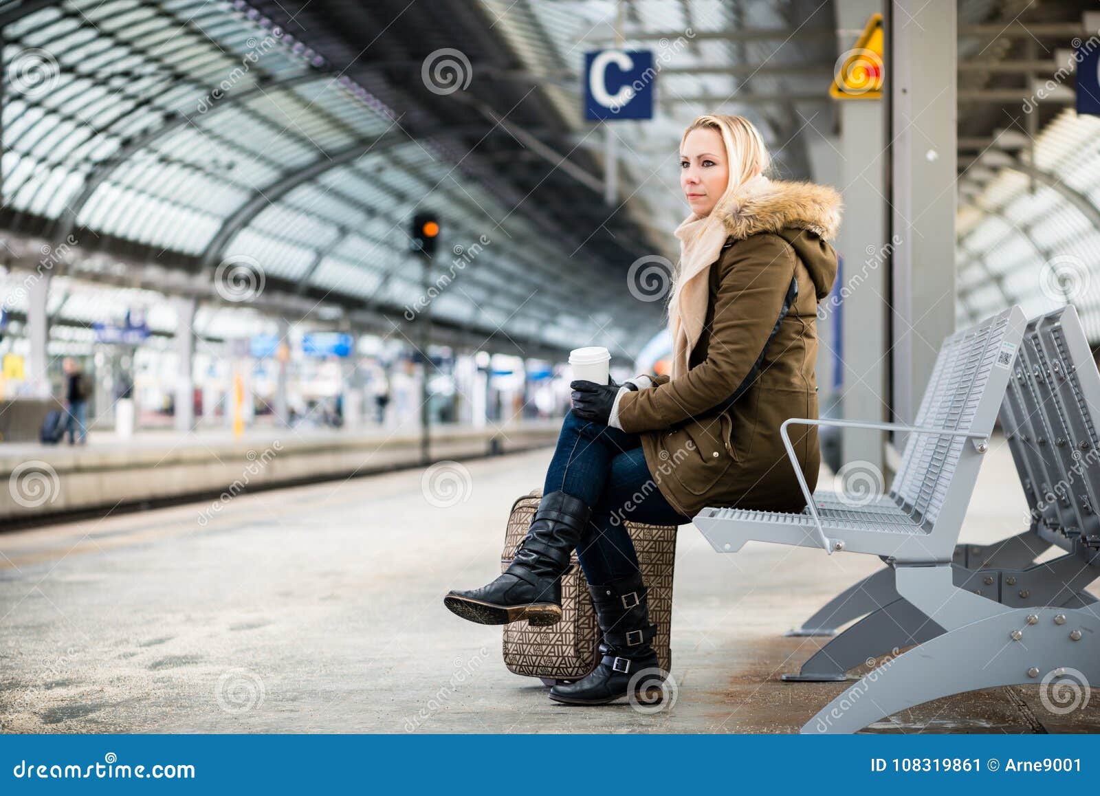 Woman on Train Station Platform Waiting Stock Image - Image of commute ...