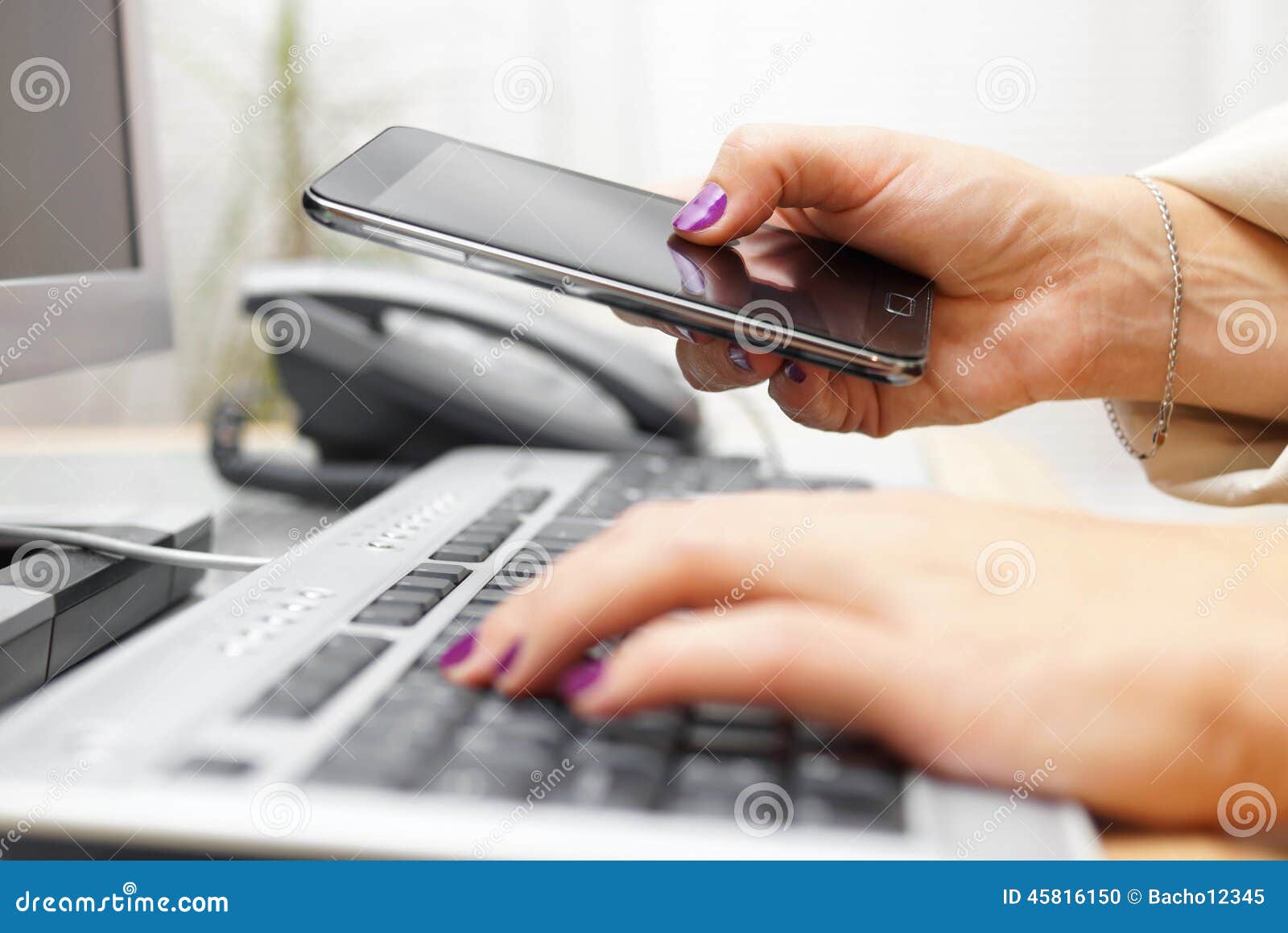 Woman is Transferring Application from Computer To Smart Mobile Stock ...