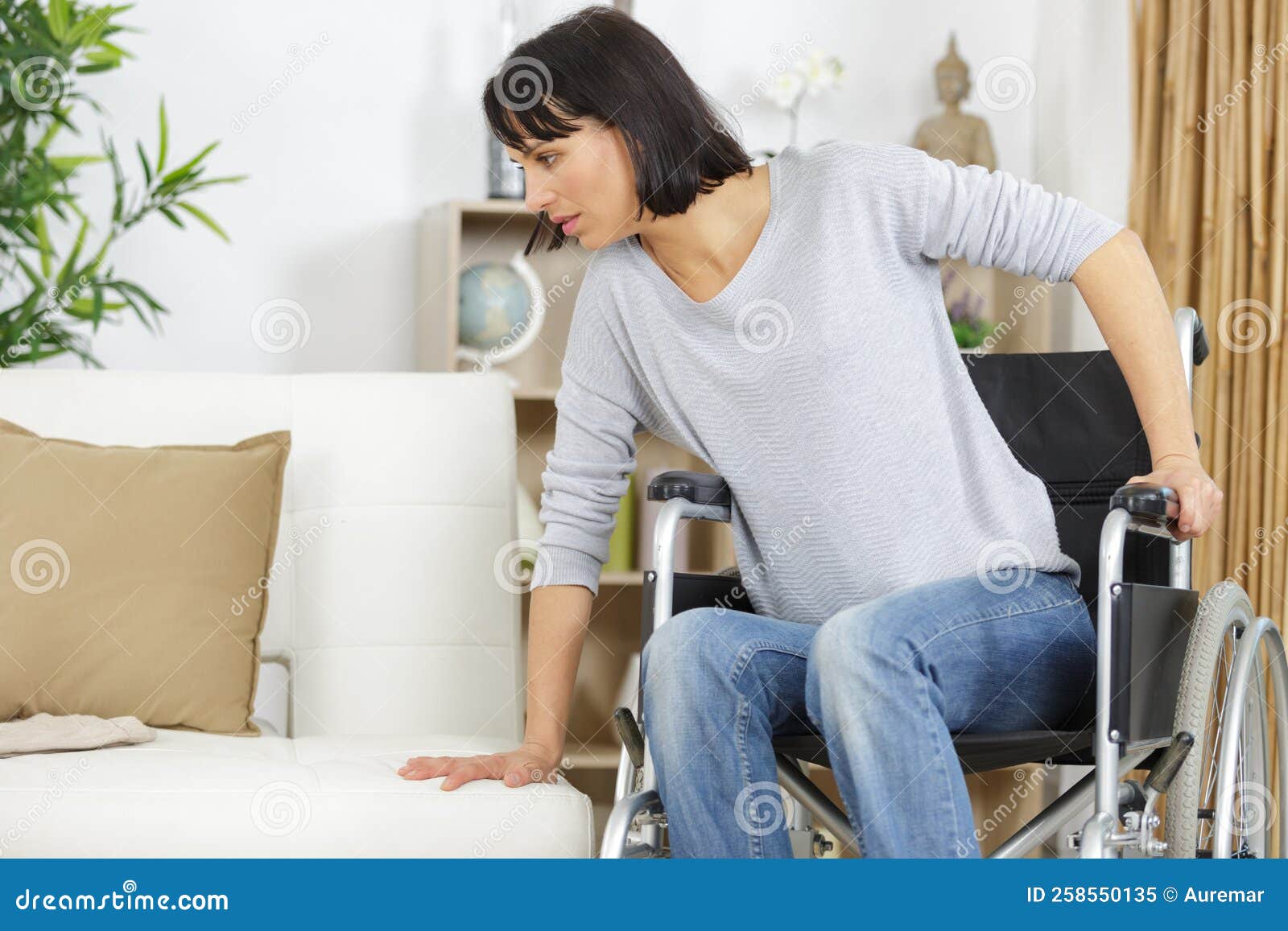 Woman Transferring from Wheelchair To Sofa Stock Image - Image of ...