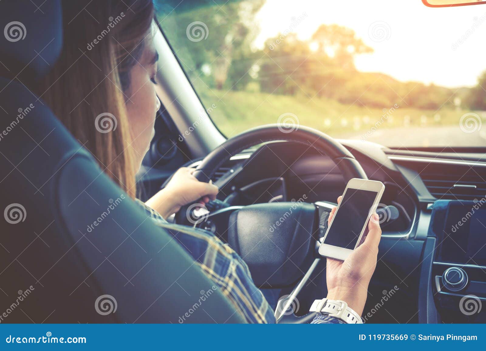 Woman Traveler Using Smart Phone Car Inside Stock Image - Image of ...