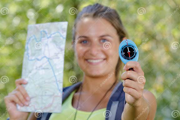 Woman Traveling Using Map and Compass in Nature Stock Image - Image of ...
