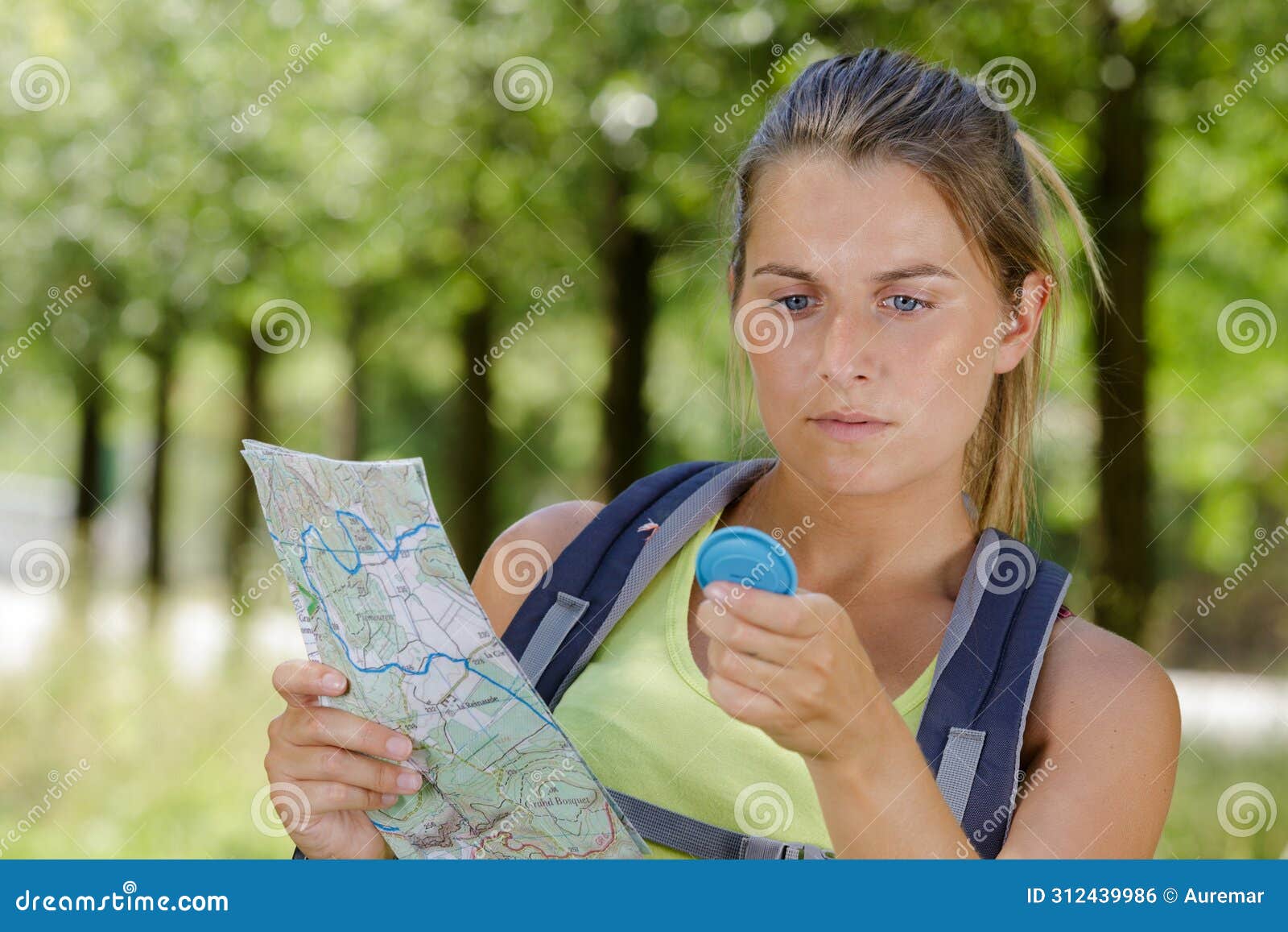 Woman Traveling Using Map and Compass in Nature Stock Photo - Image of ...
